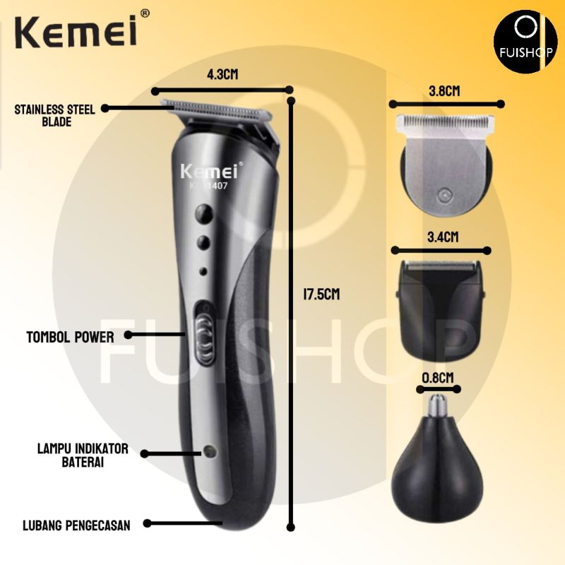 Jual KEMEI KM 1407 3IN1 MESIN CUKUR RAMBUT KUMIS BEWOK BULU HIDUNG/ALAT CUKUR RAMBUT | Shopee ...