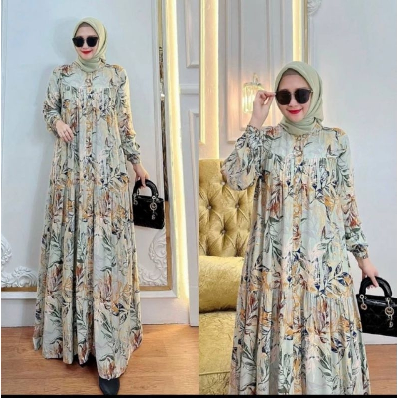 Jual Mfq//GAMIS RAYON PREMIUM MOTIF BUNGA DAUN ABSTRAK DRESS LYBEL ...