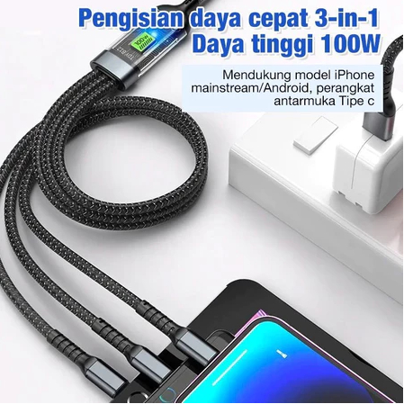 Jual Kabel Data 3 in 1 100W fastcharging USB Micro, Type C,Lightning Best Quality | Shopee Indonesia