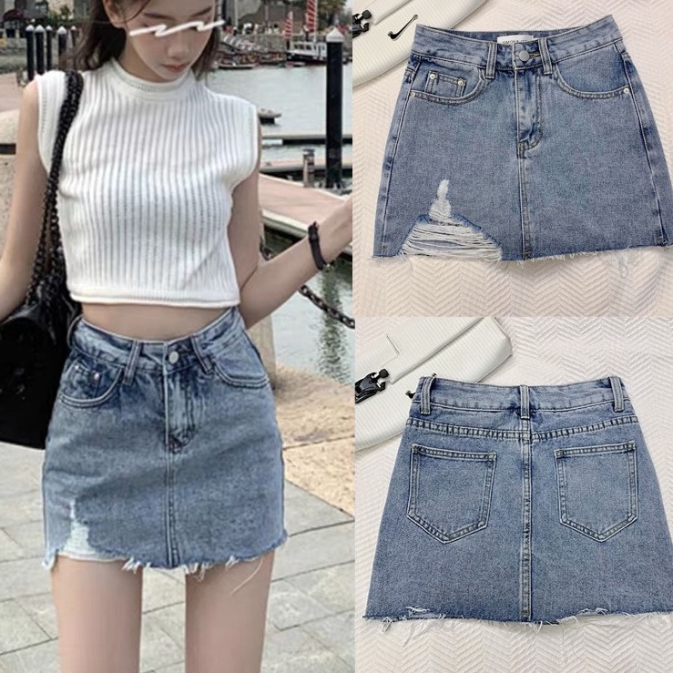 Jual KODE A84O Keygirl rok jeans pendek jumbo rok skirt midi rok denim ...