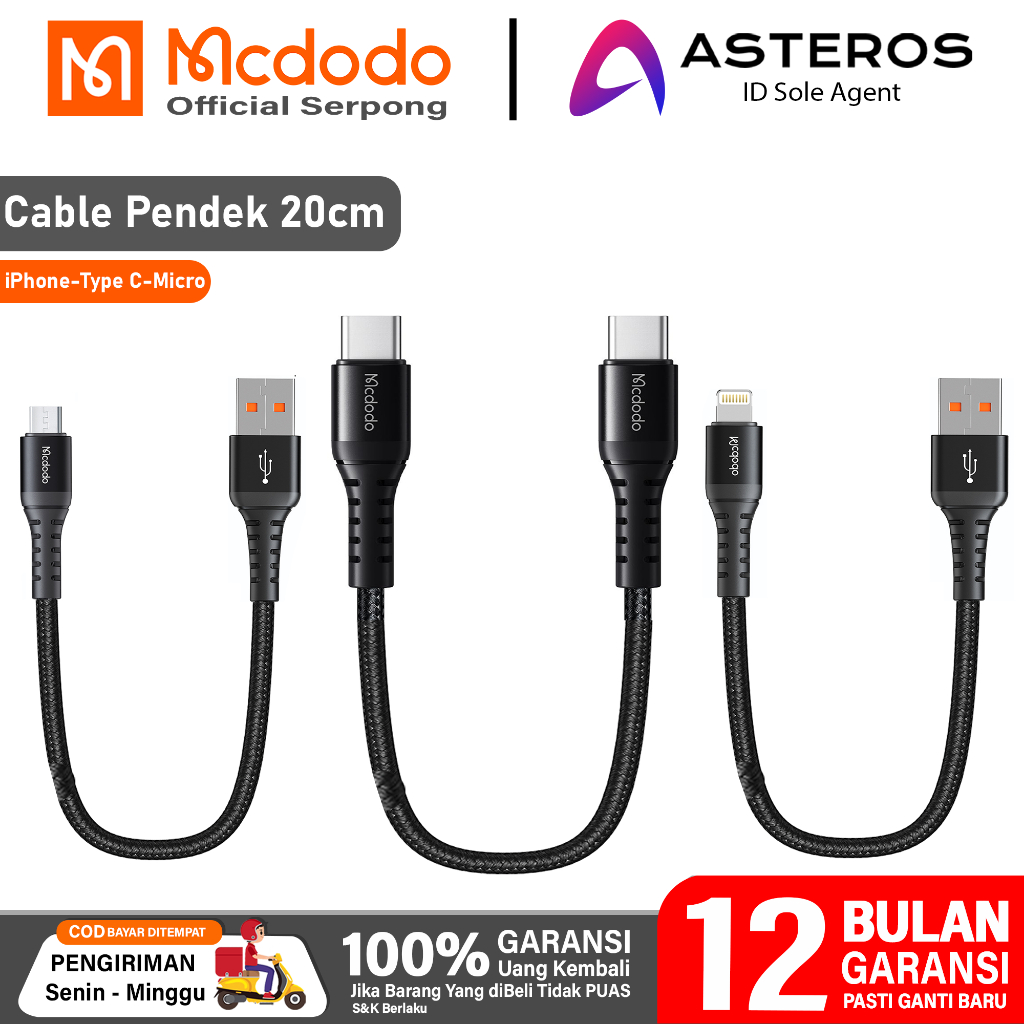 Jual MCDODO Kabel Pendek Type C, Lightning, Micro USB Cable PowerBank ...