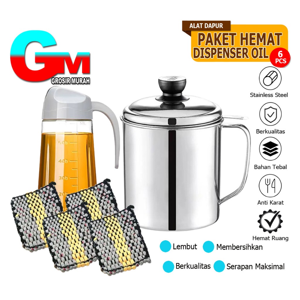 Jual Combo Hemat 6in1 Oil Pot Stainless 1000ml Plus Dispenser Minyak 630ml Dan Lap Cempal 4pcs ...