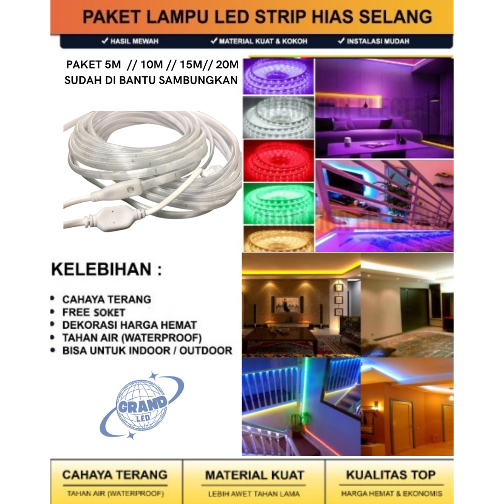 Jual LAMPU SELANG LED STRIP SMD 5050 220V PAKET 5M // 10M //15M // 20M ...