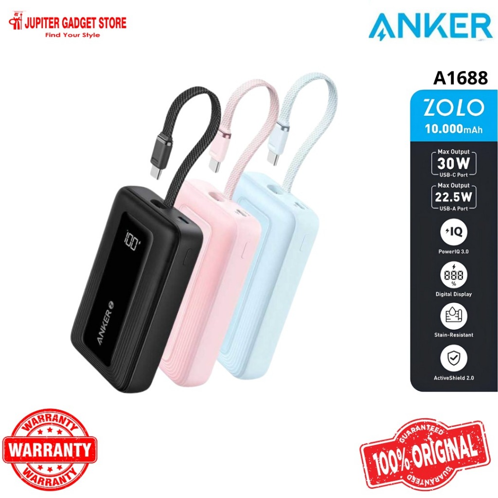 Jual Anker A1688 Zolo Power Bank 30W 10000mAh Built in USB-C Cable Fast Charging PD 3.0 | Shopee ...