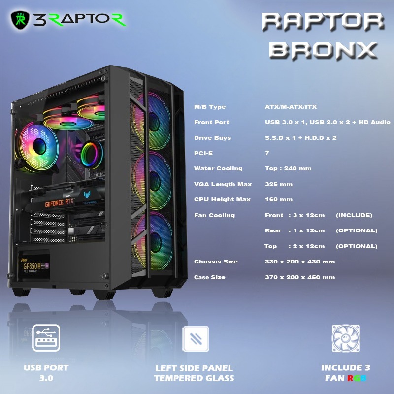 Jual Casing Gaming TEMPERED GLASS RAPTOR BRONX + Bonus 3 FAN RGB ...