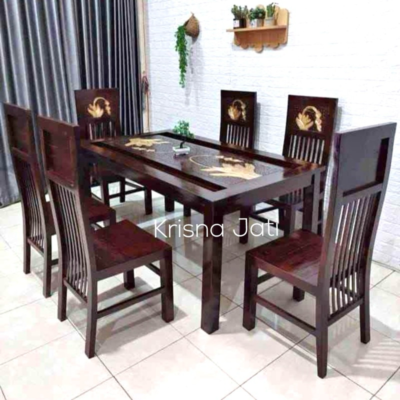 Jual meja makan balero ukir minimalis set 6 kursi kayu jati | READY STOCK | Shopee Indonesia