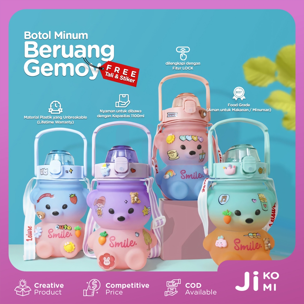 Jual Botol Minum Beruang Gemoy 1100ML - Botol Motivasi Free Tali dan ...