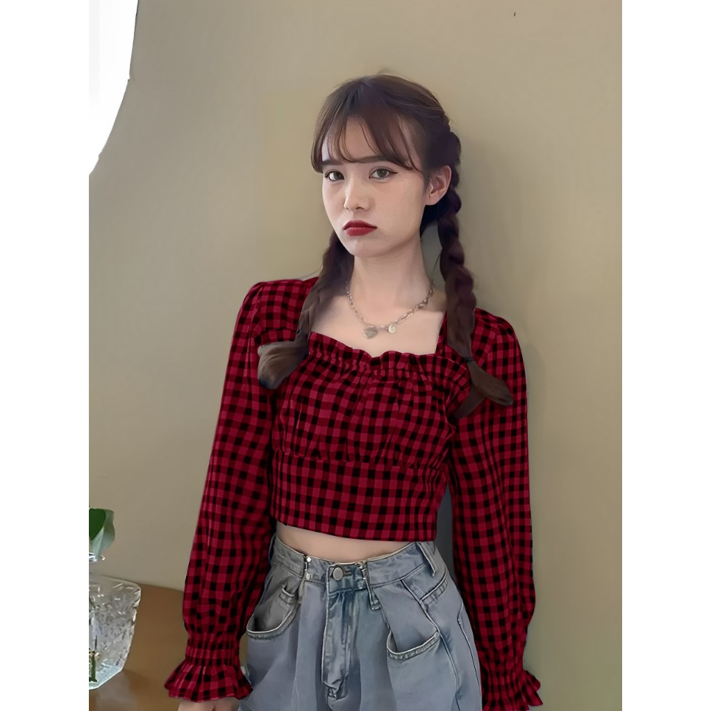 Jual Fashion Fabric - Blouse Smock Square Neck Lengan Panjang Motif Kotak Kotak #4103 | Shopee ...