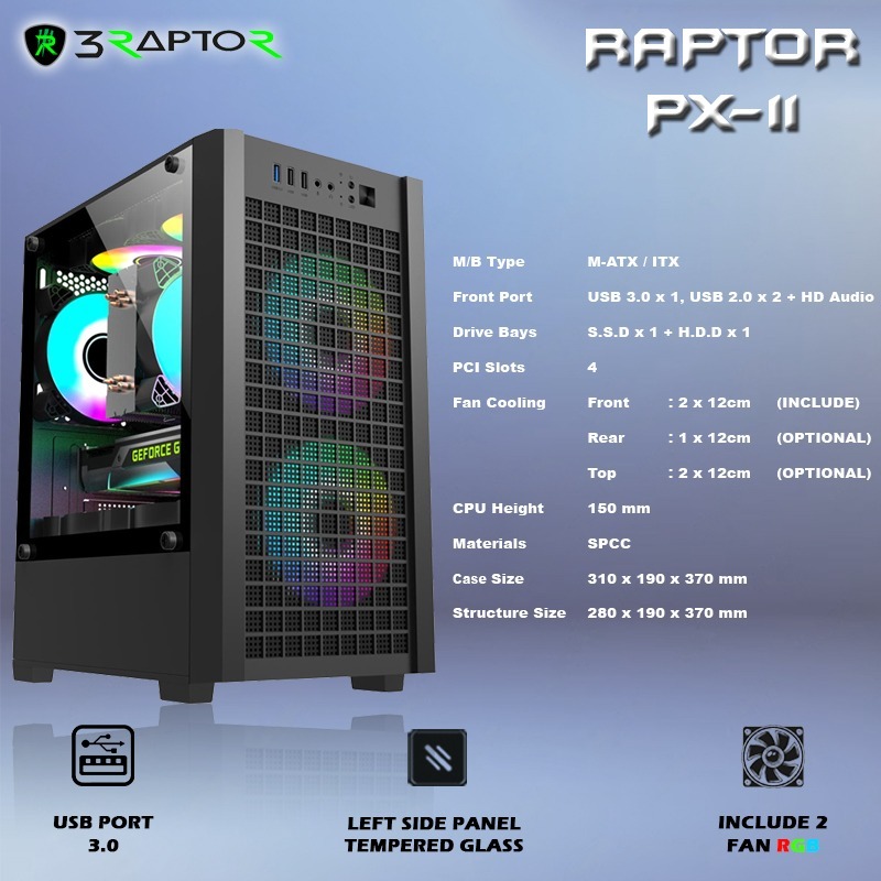 Jual Casing Gaming/PC/Office Raptor PX-11 dan Gratis 2 Fan RGB - M-ATX ...