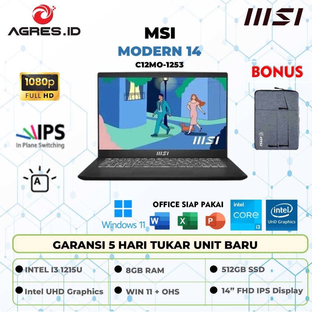 Jual Laptop Msi Modern 14 I3 1215 Ram 8GB Ssd 512GB Win 11+Ohs 14" Fhd Blit Ips For Office ...