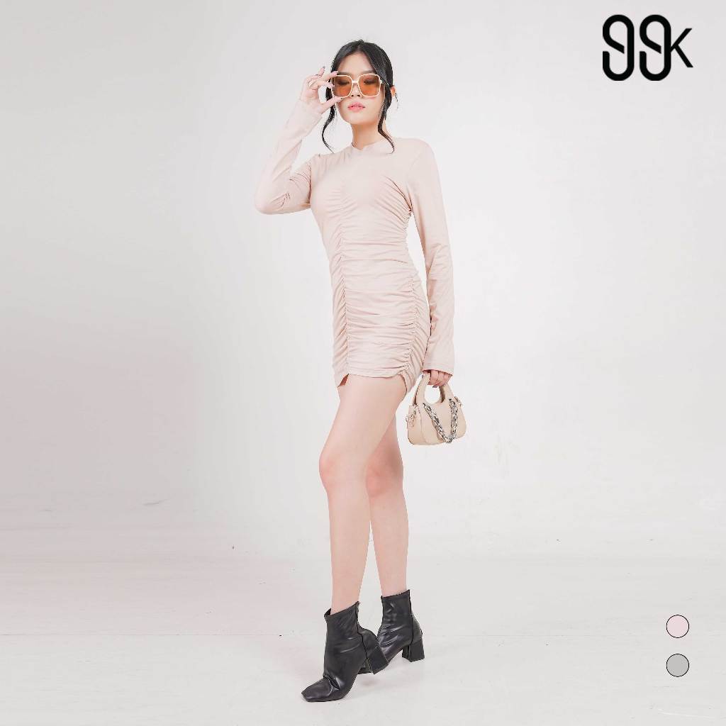 Jual 99kOUTLET Bodycon Mini Dress Polos Ruffled Round Neck Lengan ...