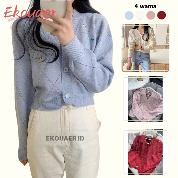 Jual Ekouaer Cardigan Crop Motif/Cardigan Rajut Blossom Motif Bunga Import/Cardigan Rajut Crop ...