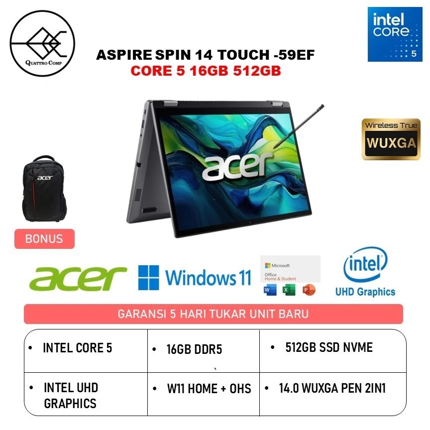 Jual Acer Aspire Spin 14 ASP14 Touch Core 5 120U 16gb 512gb w11+Ohs 14 ...