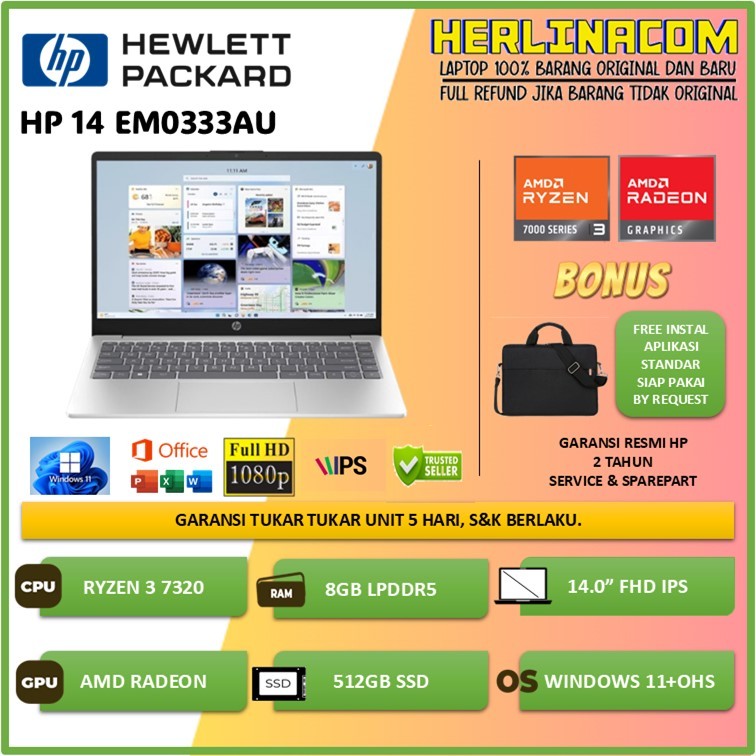 Jual HP 14 EM0333AU AMD RYZEN 3 7320 8GB 512GB SSD WINDOWS 11 OHS 14 ...