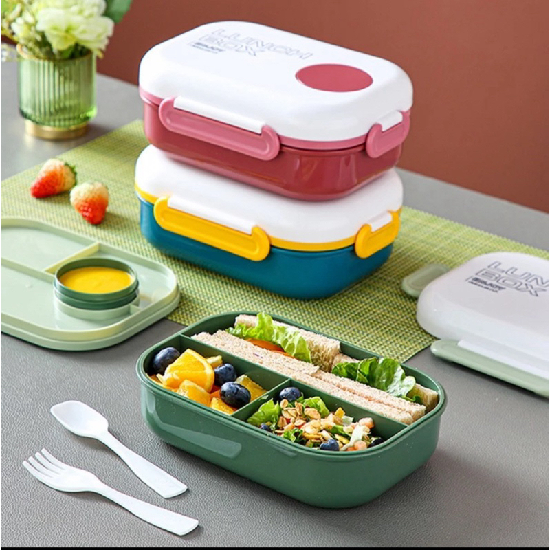 Jual Kotak Makan Aesthetic Anti Tumpah Lunch Box Bento 3 Sekat Sendok Garpu 1100ml | Shopee ...