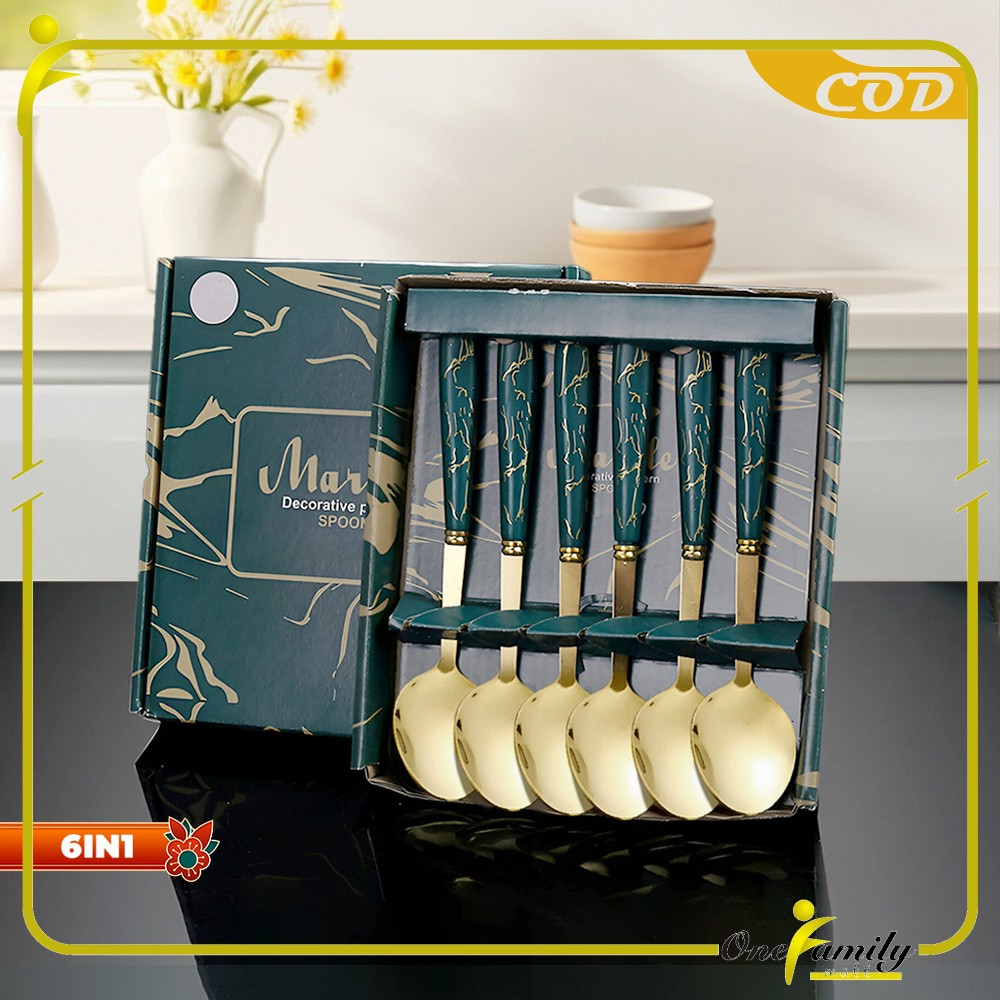 Jual ONE-C1201 Sendok Marble 6IN1 Free Box Set Golden Spoon / Sendok ...