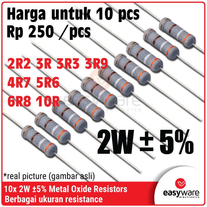 Jual 10x Resistor 2W 5% 2R2 3R 3R3 3R9 4R7 5R6 6R8 10R 10 Ohm Metal Oxide Film Resistor 2 Watt ...