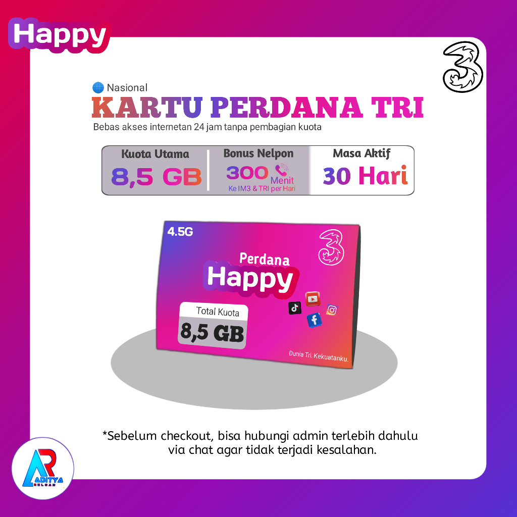 Jual Kartu Perdana Tri Happy (HPS2) 8,5GB 30Hari | Shopee Indonesia