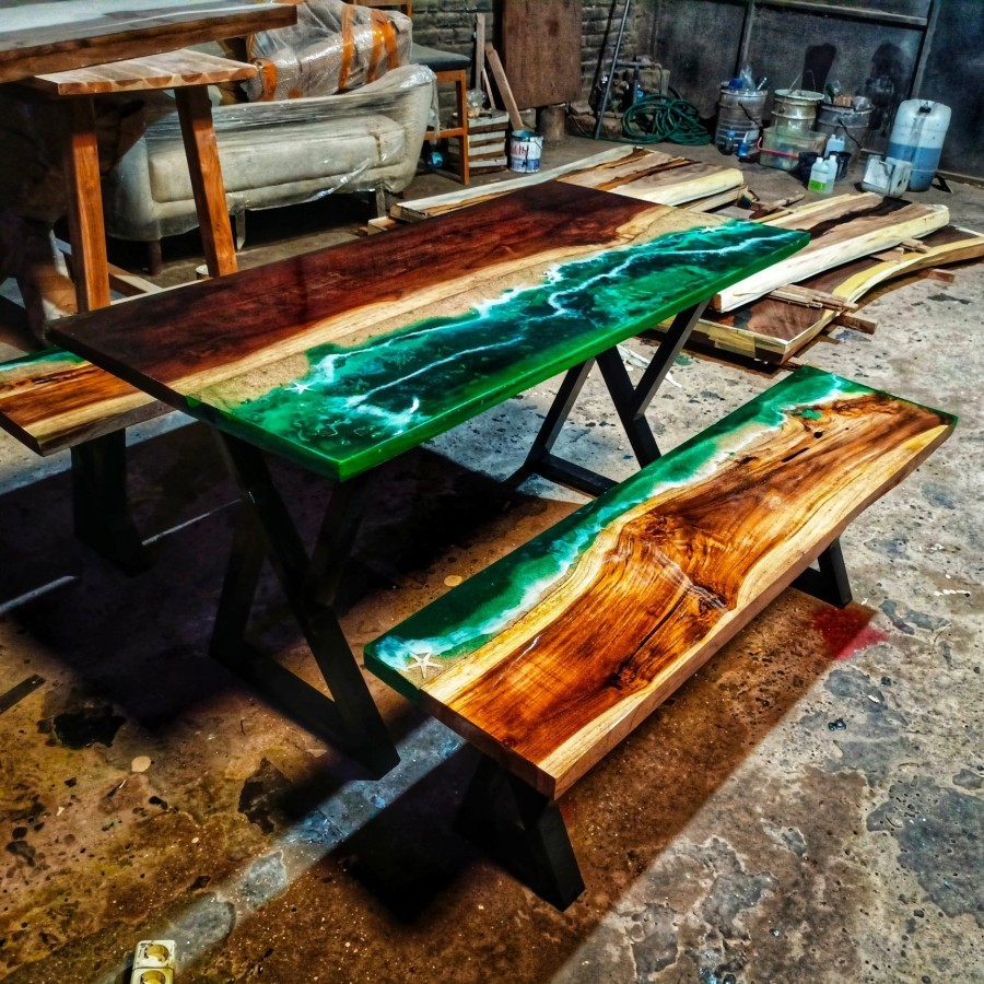 Jual Meja resin kombinasi kayu solid / meja resin kayu jati / meja ...