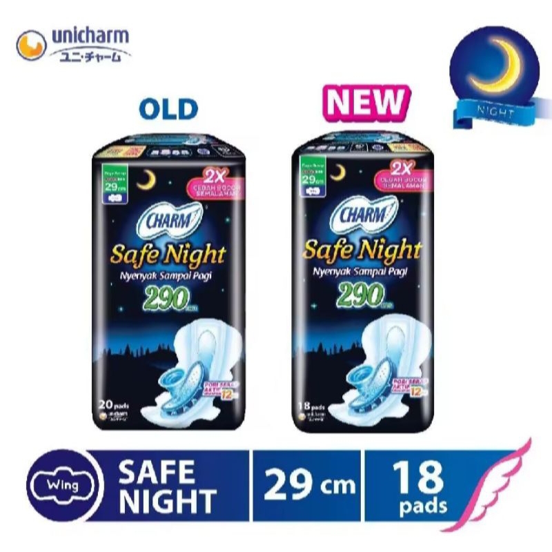 Jual CHARM Pembalut Safe Night 29cm Wing isi 18'pads | Shopee Indonesia