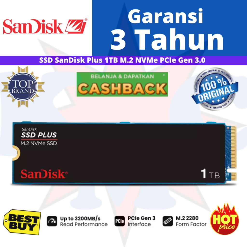 Jual SSD NVME SSD 500GB 1TB 2TB SSD Sandisk Plus M.2 2280 NVMe PCIe Gen 3.0 | Shopee Indonesia