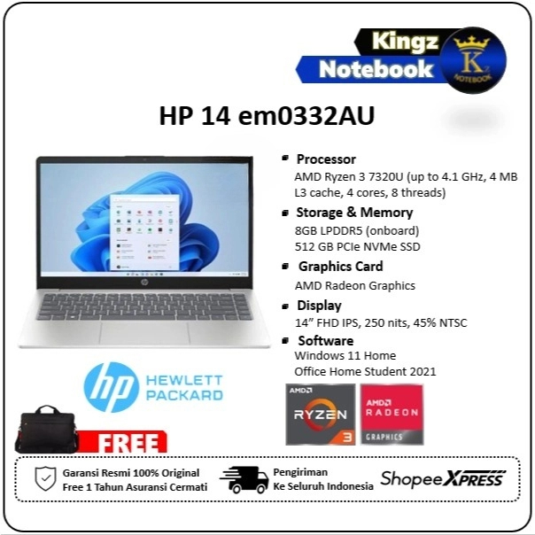 Jual HP 14 em0332AU em0333AU Ryzen 3 7320U 8GB 512GB Win11+OHS 14" FHD ...