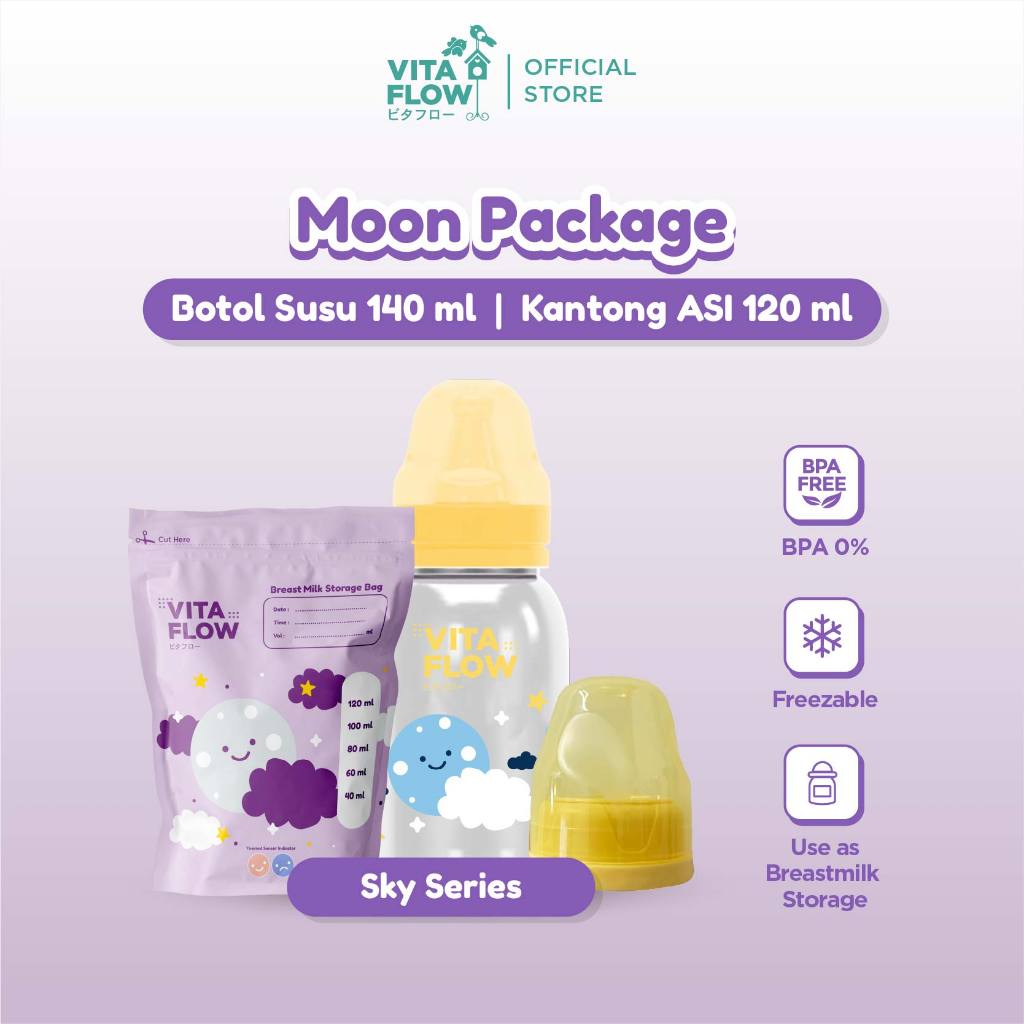 Jual Vitaflow Paket Moon 1 Botol Susu 140 ml + Kantong ASI 120 ml Free Tutup Botol Yellow ...