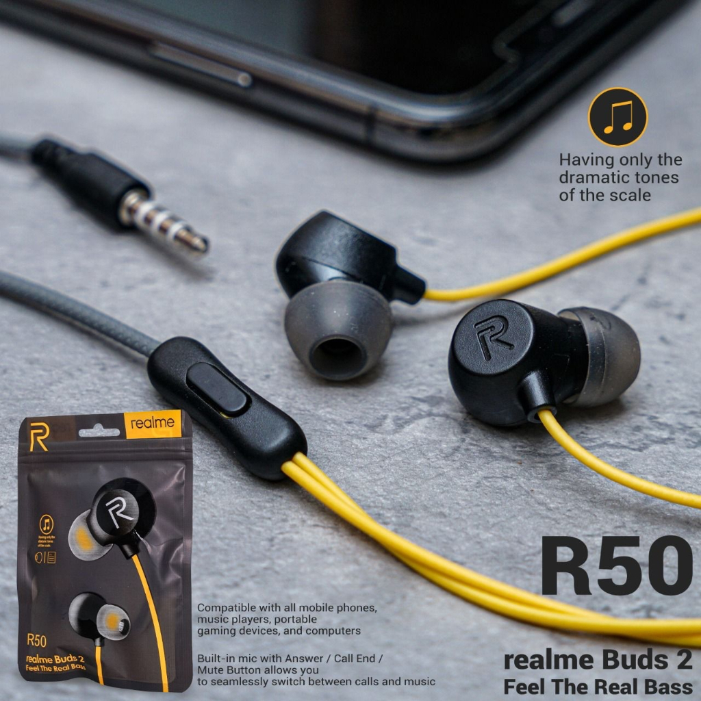 Jual Hf Headset Realme R50 + Mic / Headsfeee Realme Pack Press Import R ...