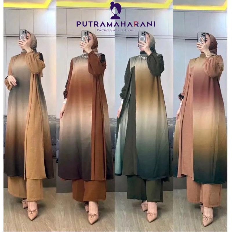 Jual gamis set hijab 3 in 1 gradasi kombinasi ceruty motif premium ...