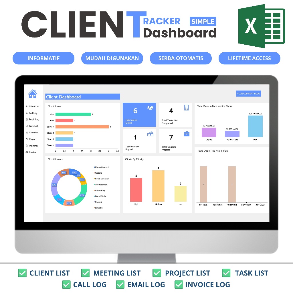 Jual Excel Client Tracker | CRM Dashboard, Small Business Template ...