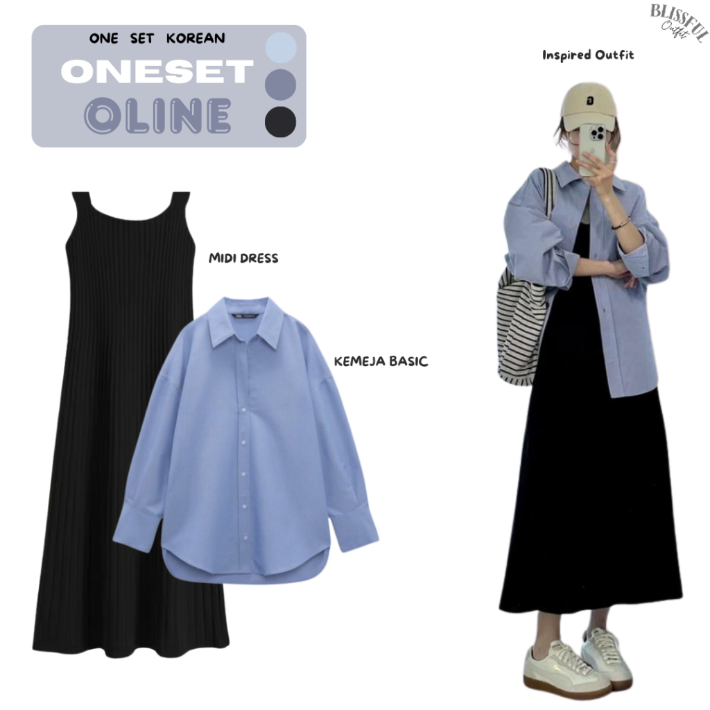 Jual OLINE One Set Outfit wanita + Kemeja Basic Oversize + Midi Dress + OOTD Simpel Ala Korea ...