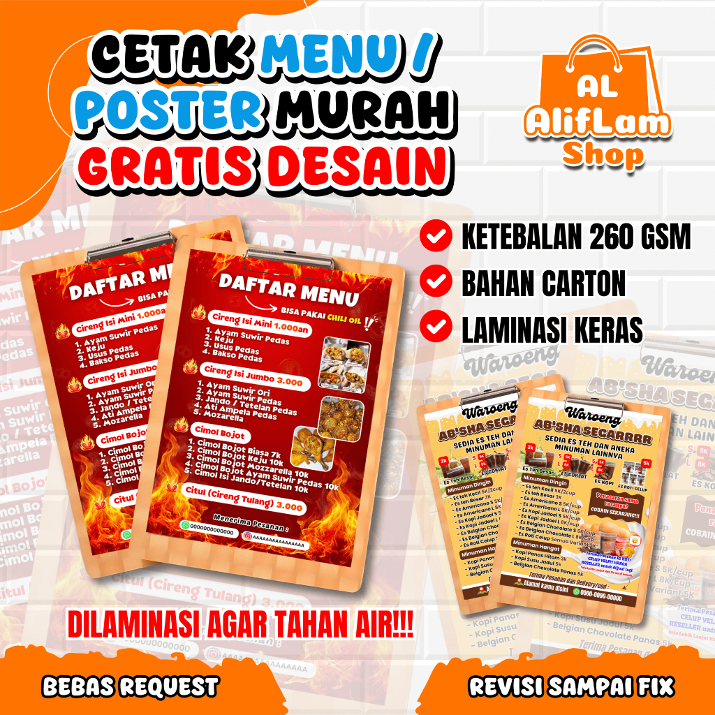 Jual CETAK MENU MURAH GRATIS DESAIN | UKURAN 30x40 CM | UKURAN A4 ...