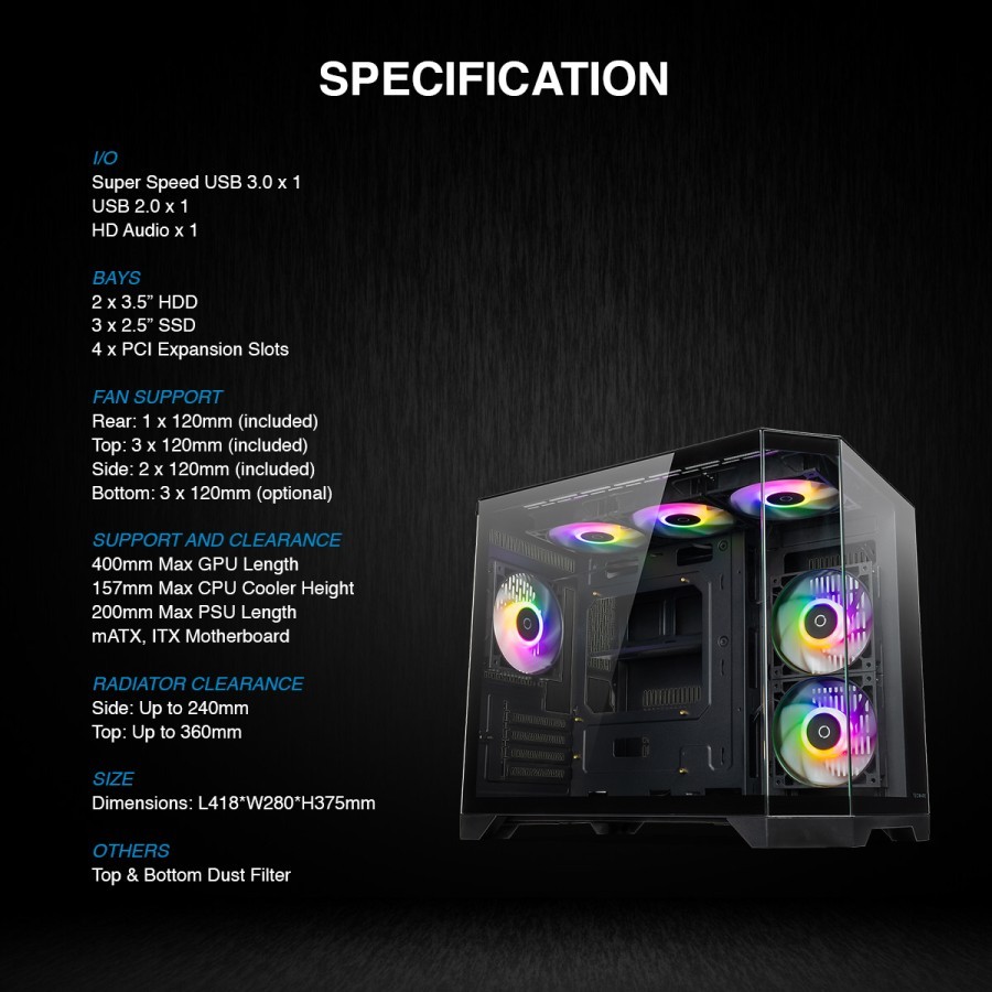 Jual PC Case Gaming Tecware VX Trinity M M-atx Tempered Glass Free 6Fan ...