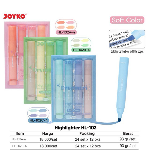 Jual ( 1 set = 4 pcs ) HL-102A-4 Joyko Highlighter Soft Color / Penanda ...