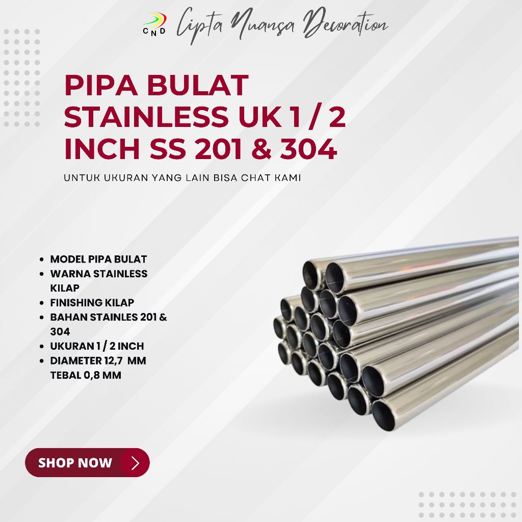 Jual Pipa stainless steel 1/2 inch Ss 201 & 304 untuk isi railing ...