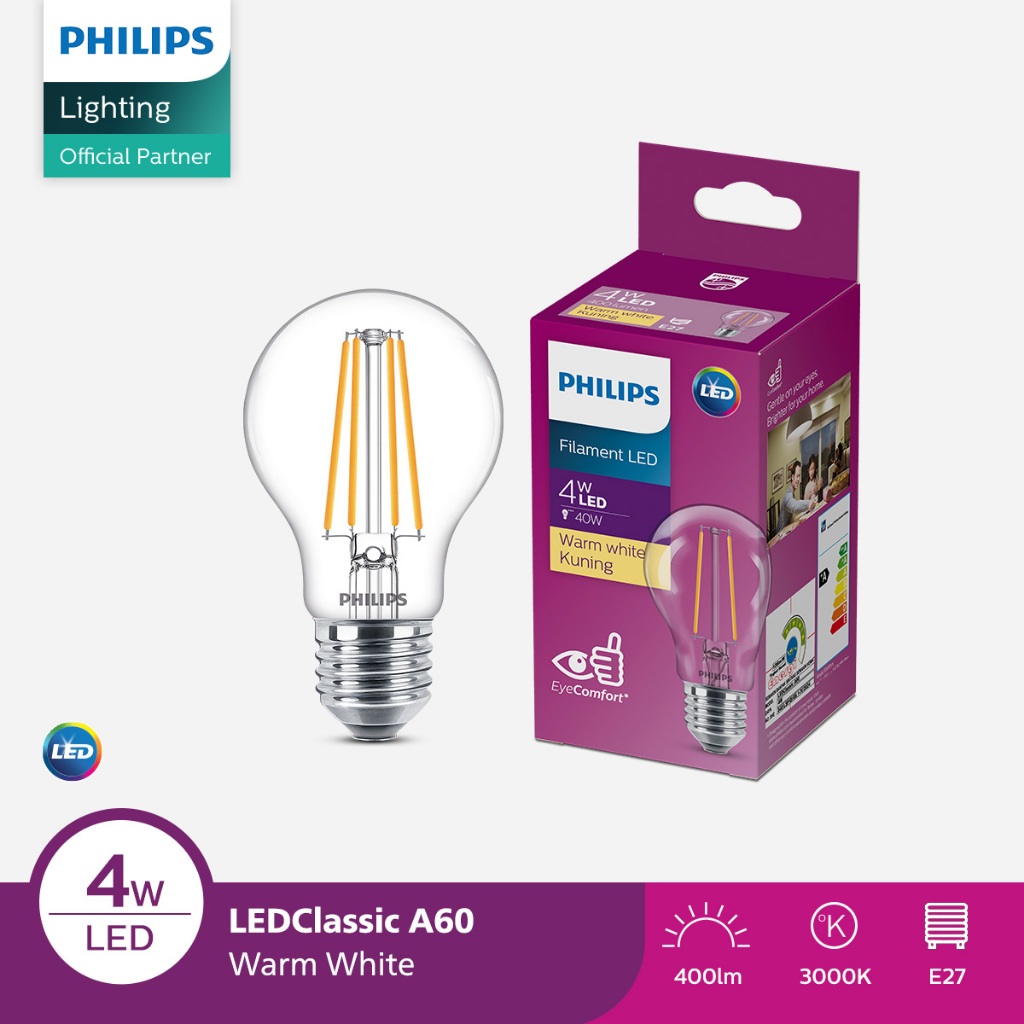 Jual Lampu Philips Filament Bohlam LED 4W A60 E27 Kuning | Shopee Indonesia