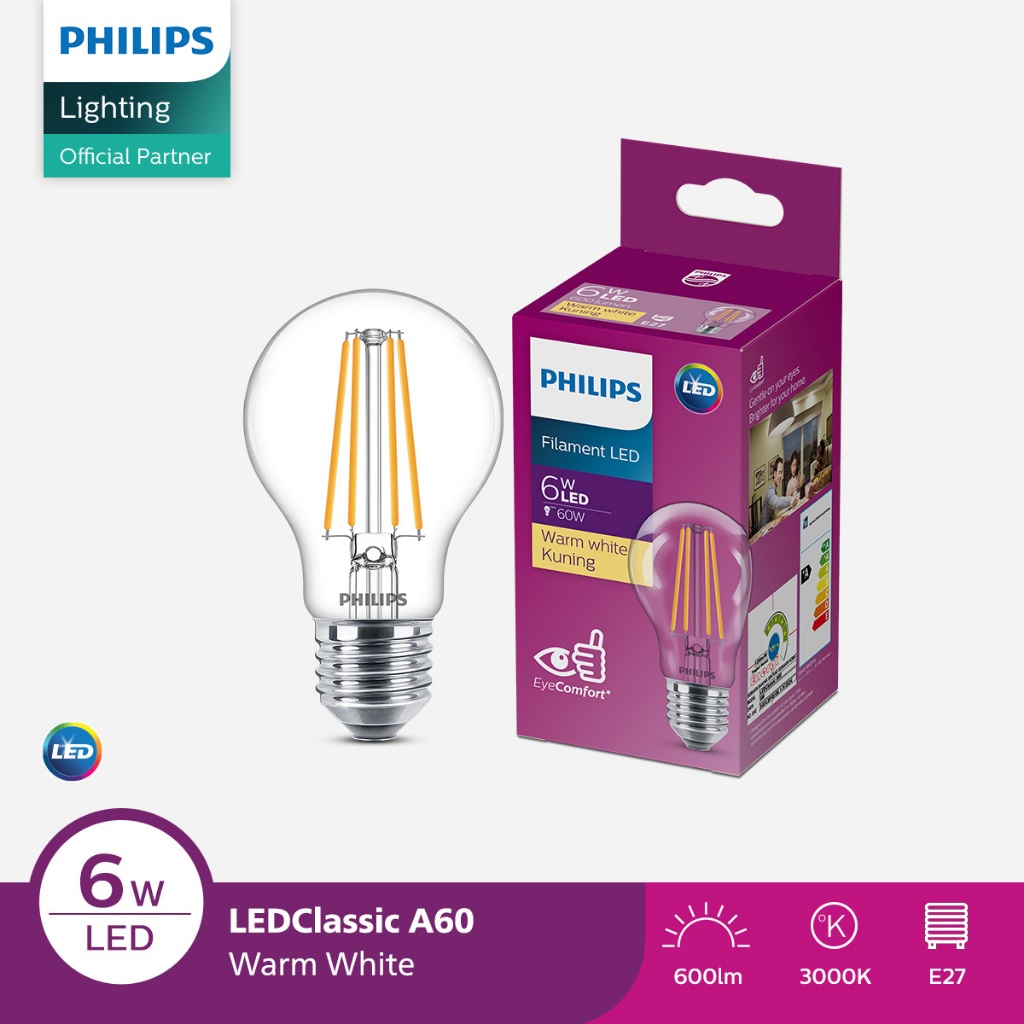Jual Lampu Philips Filament Bohlam LED 6W A60 E27 Kuning | Shopee Indonesia