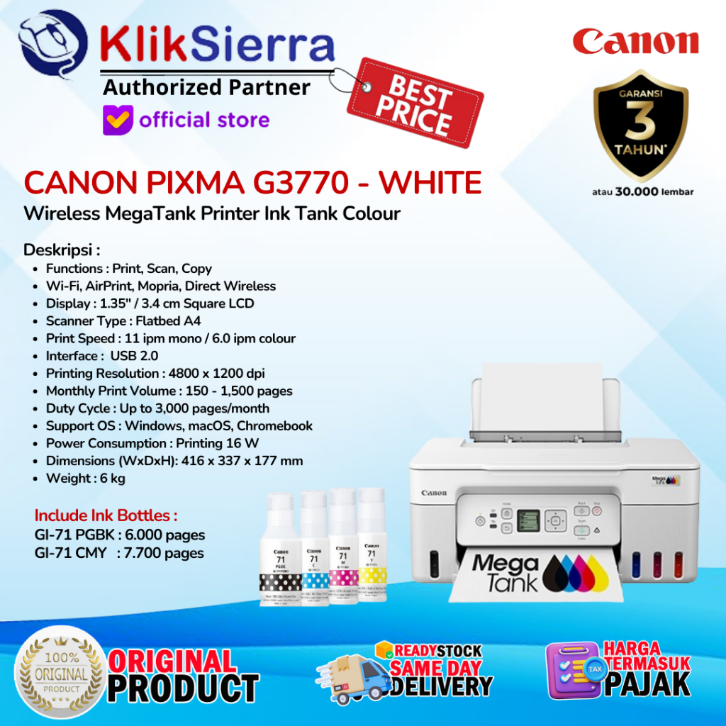 Jual Printer CANON Pixma G3770 WHITE / G3770WH Print Scan Copy Ink Tank ...