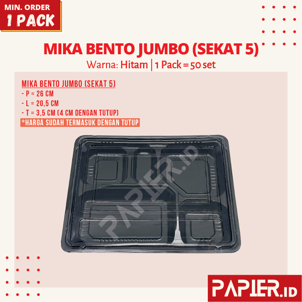 Jual (isi 50 set) Mika Bento Plastik Jumbo Sekat 5 Plastik Warna Hitam ...