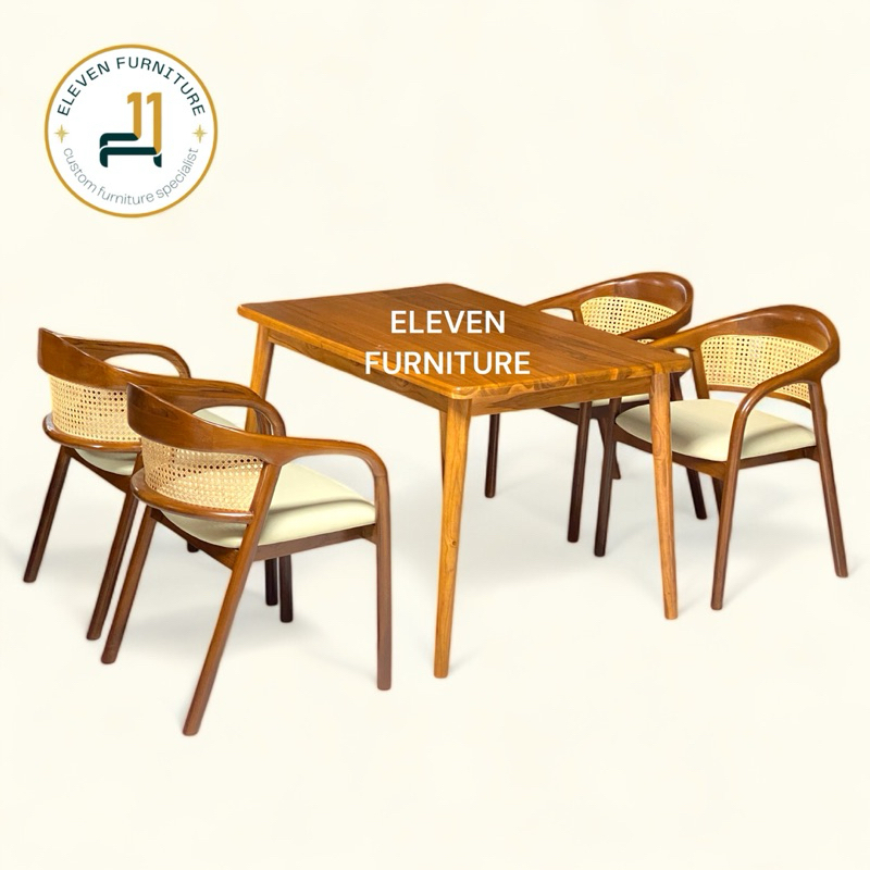 Jual SET MEJA MAKAN 4 KURSI SELLY BULAT ROTAN kayu jati cafe resto minimalis retro korean ...