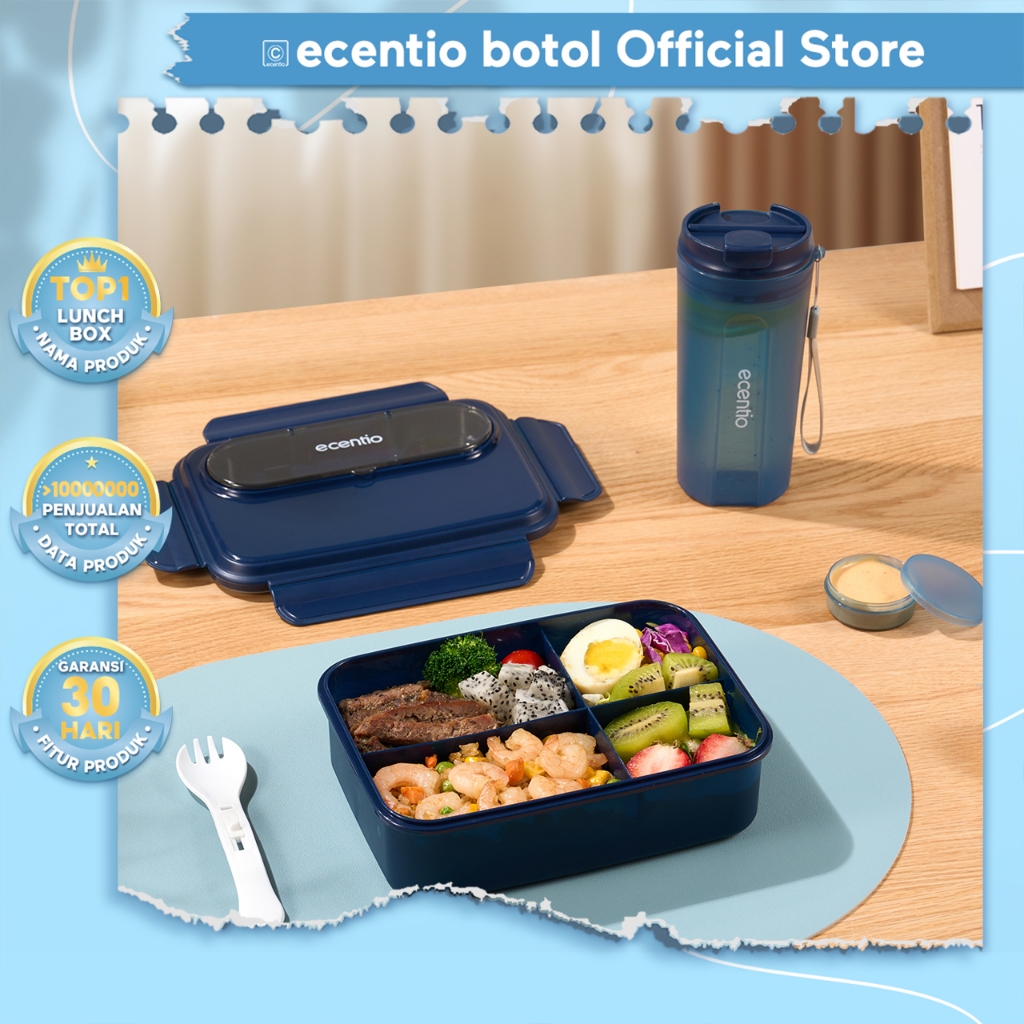 Jual ecentio Kotak Makan Set 4 grid tempat bekal anti tumpah 1200ml+botol minum 500ml dengan ...