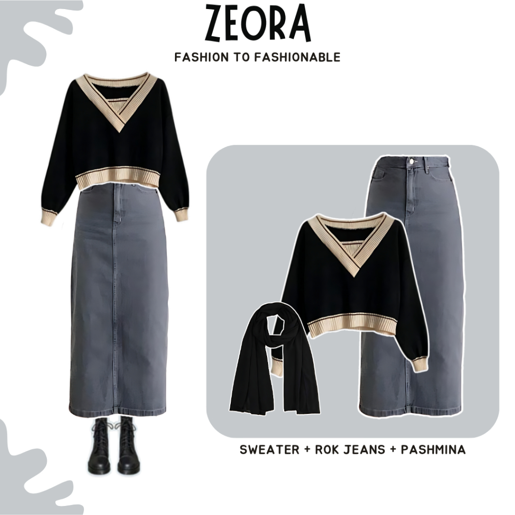 Jual Zeora One Set Outfit Remaja Wanita Hijab 3in1 ( Sweater Rajut V ...