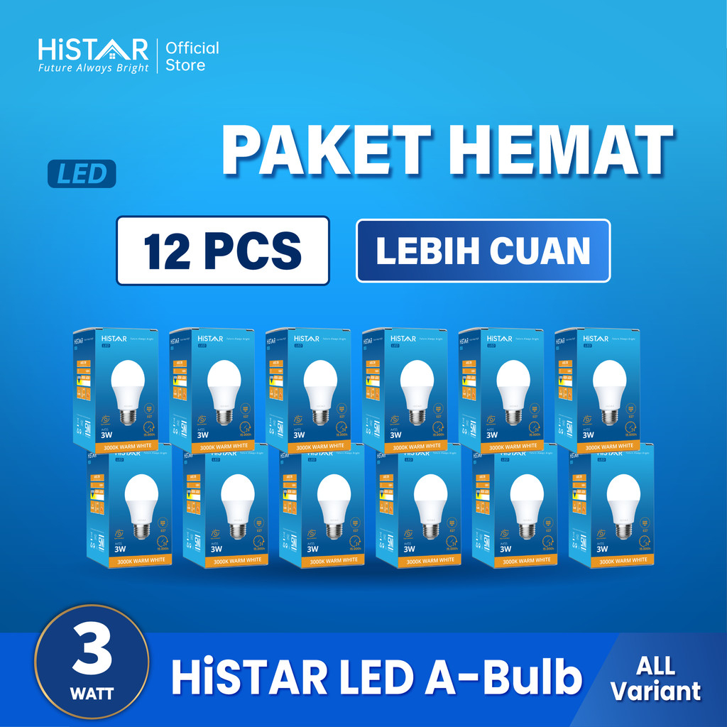 Jual Paket Hemat 12 PCS Lampu Bohlam LED 3W HiSTAR A-Bulb Series 3000K ...