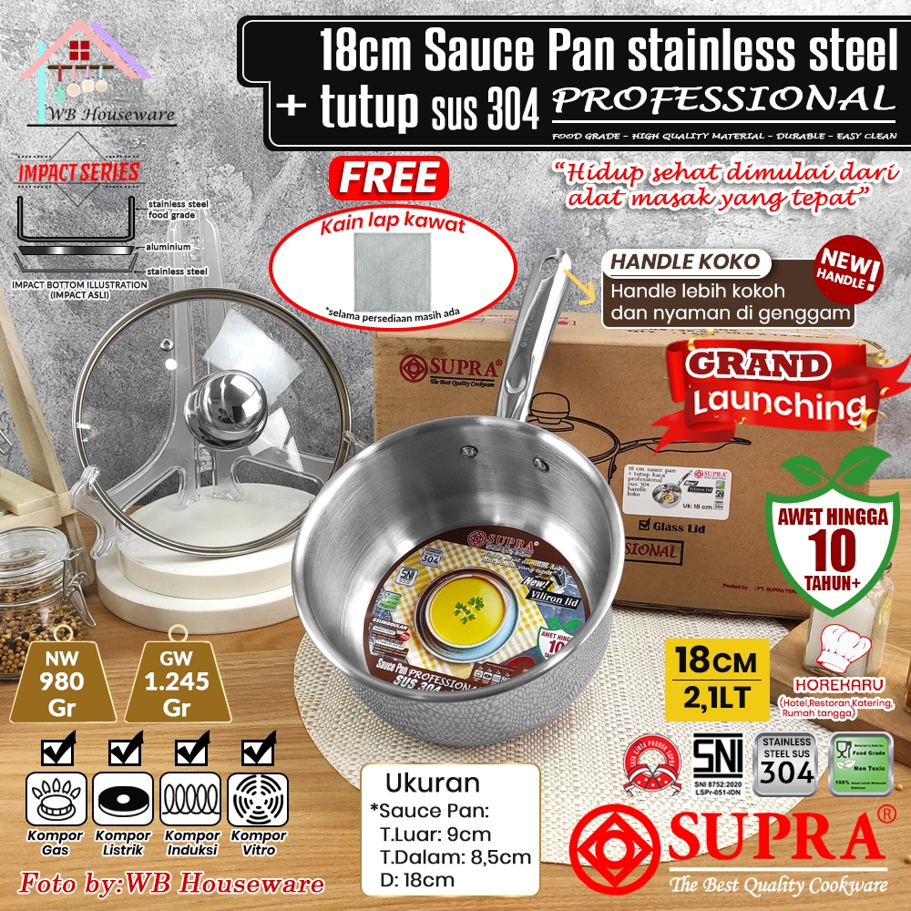 Jual SUPRA Panci Sauce pan 18cm stainless professional series SUS 304 ...