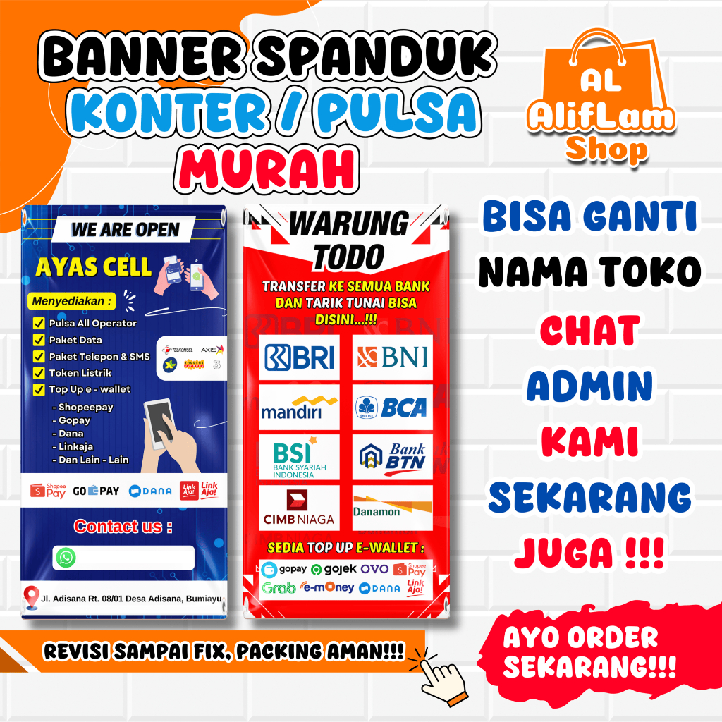 Jual CETAK BANNER SPANDUK KONTER PULSA | VERSI AS_11 | BISA GANTI NAMA TOKO | Shopee Indonesia