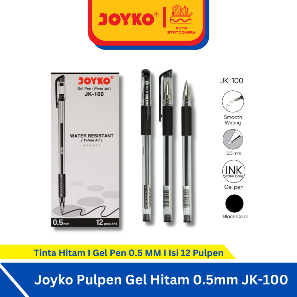 Jual Joyko Pulpen Gel Hitam 0.5mm JK-100 - 1 Pack isi 12 Pen | Shopee Indonesia