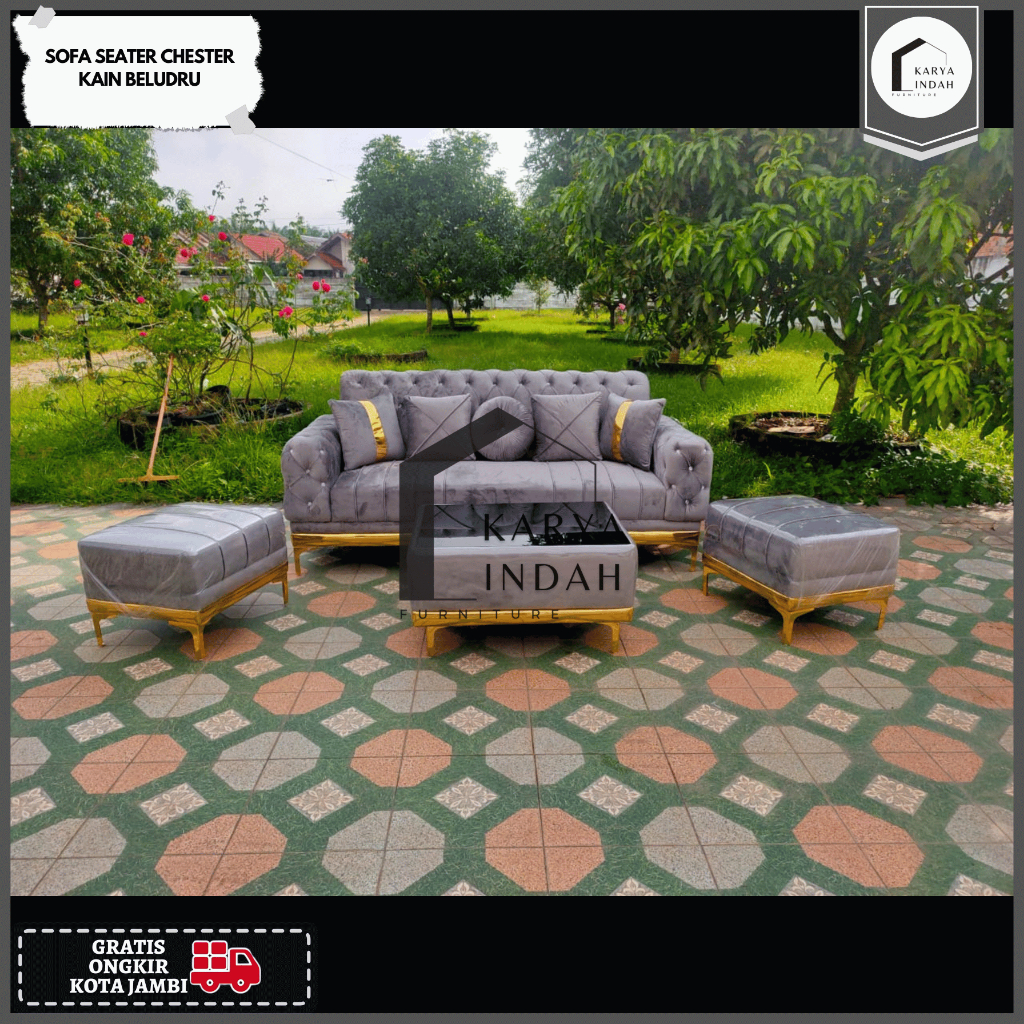 Jual Kursi Tamu SOFA 3 SEATER CHESTER KANCING EMAS GOLD + STOOL PUFF ...