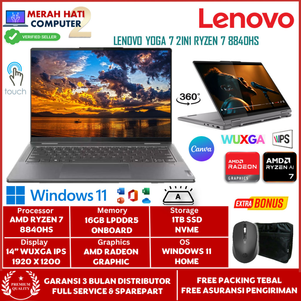 Jual Lenovo Yoga 7 2in1 AMD Ryzen 7 8840HS Ram 16GB 1TB Ssd Radeon Graphic 14inch WUXGA IPS ...