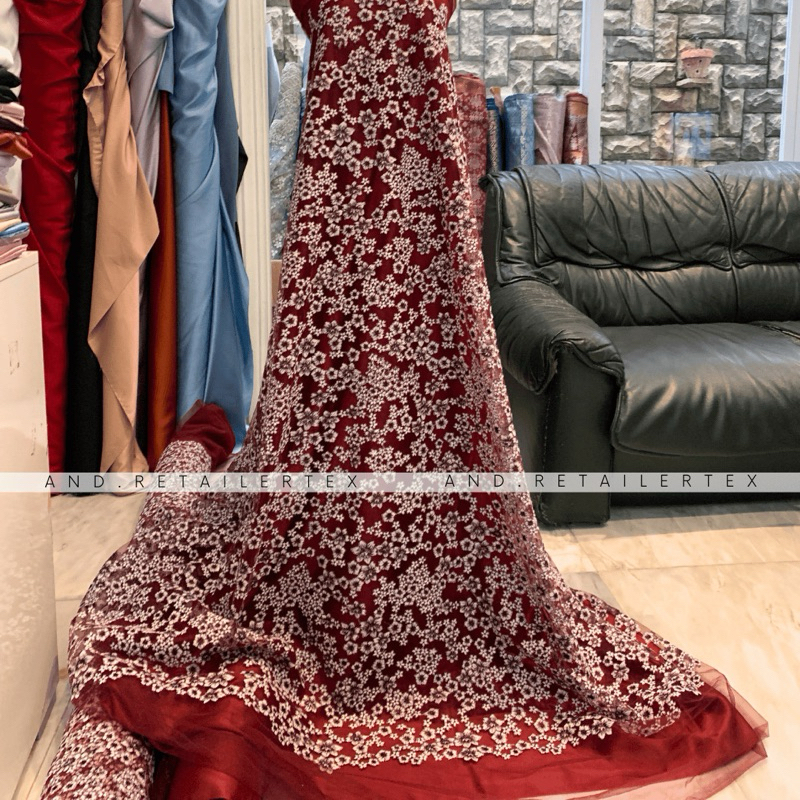 Jual Bahan Kain Brokat Mewah Tile Embroidery Sakura 2 tone Motif Bunga ...