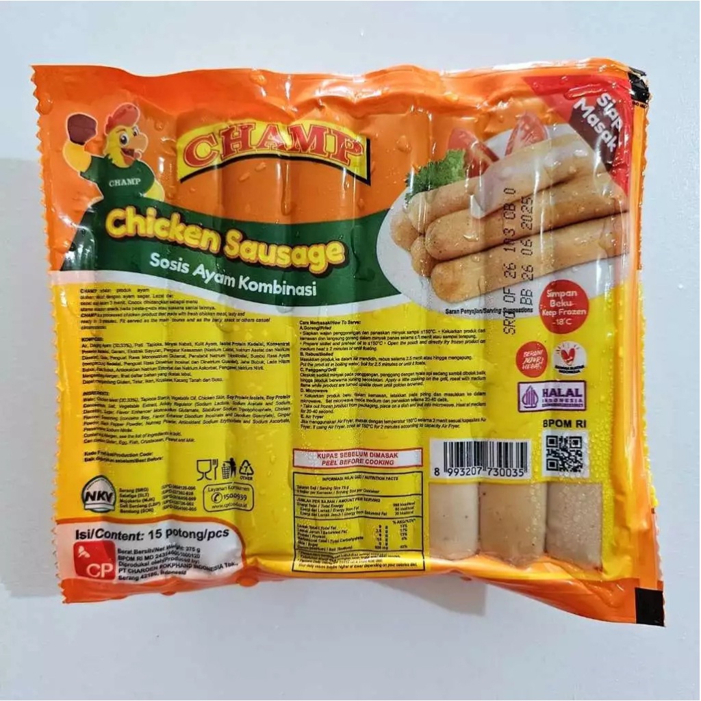 Jual SOSIS AYAM CHAMP 375GR ISI 15 CHICKEN SAUSAGE HALAL | Shopee Indonesia